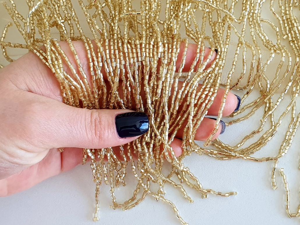 Broderie couture aurie cu franjuri din margele - Evelin Textile